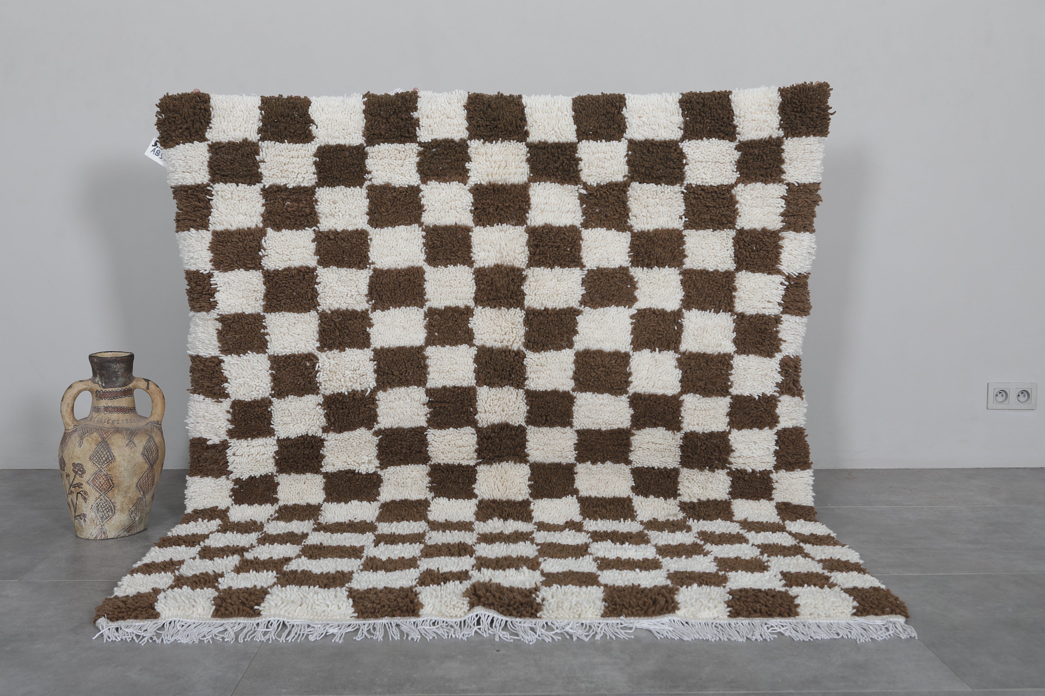 Brown and White Checkered Rug 5.2 X 5.8 Feet – Handmade Statement ...